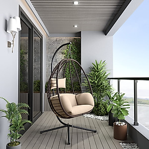 Delnavik Egg Chair with Stand Hammock Chair Wicker Rattan Patio Hanging Egg Chair, Indoor Outdoor Swing Egg Chair with Cushion Headrest for Patio Bedroom Porch Garden Balcony, Sand