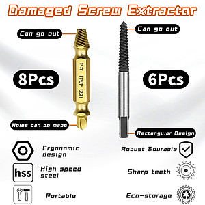 12 PCS Damaged Screw Extractor Set, 6 HSS 4341 Material Stripped Screw Kit and 6 Damaged Bolt Water Pipe Remover Set for Thread Broken Stud, Screw, Bolt, Water Pipe, Easy Take Out