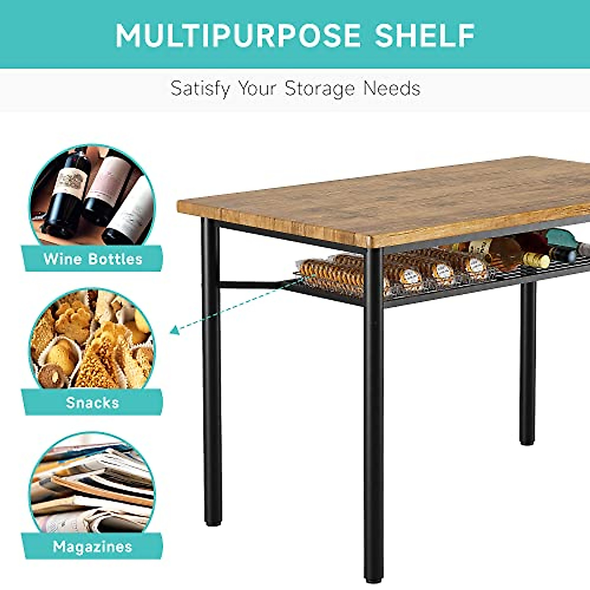 IDEALHOUSE Dining Table Set for 4, Kitchen Table with 4 Chairs, Metal and Wood Rectangular 5-Piece Dining Table Furniture Set with Storage Rack for Small Space, Apartment, Dinette(Rustic Brown)