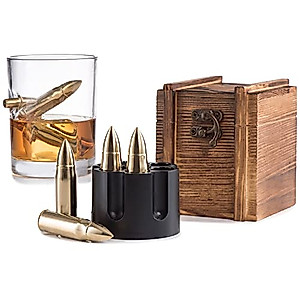 Whisksey Stones Gift Set - Set of 6 Gold Chilling Stones - Rocks Ice Cubes - Beautiful Military Wooden Gift Box for Men, Christmas Stocking Stuffers for Dad