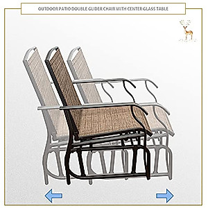 HSQQ 3 in 1 L Porch Glider Loveseat Outdoor Patio Swing Glider Chair 2-Person Outdoor Sling Fabric Double Glider Rocker Chair, Coffee Table with Umbrella Hole for Garden, Porch, Backyard, Beige