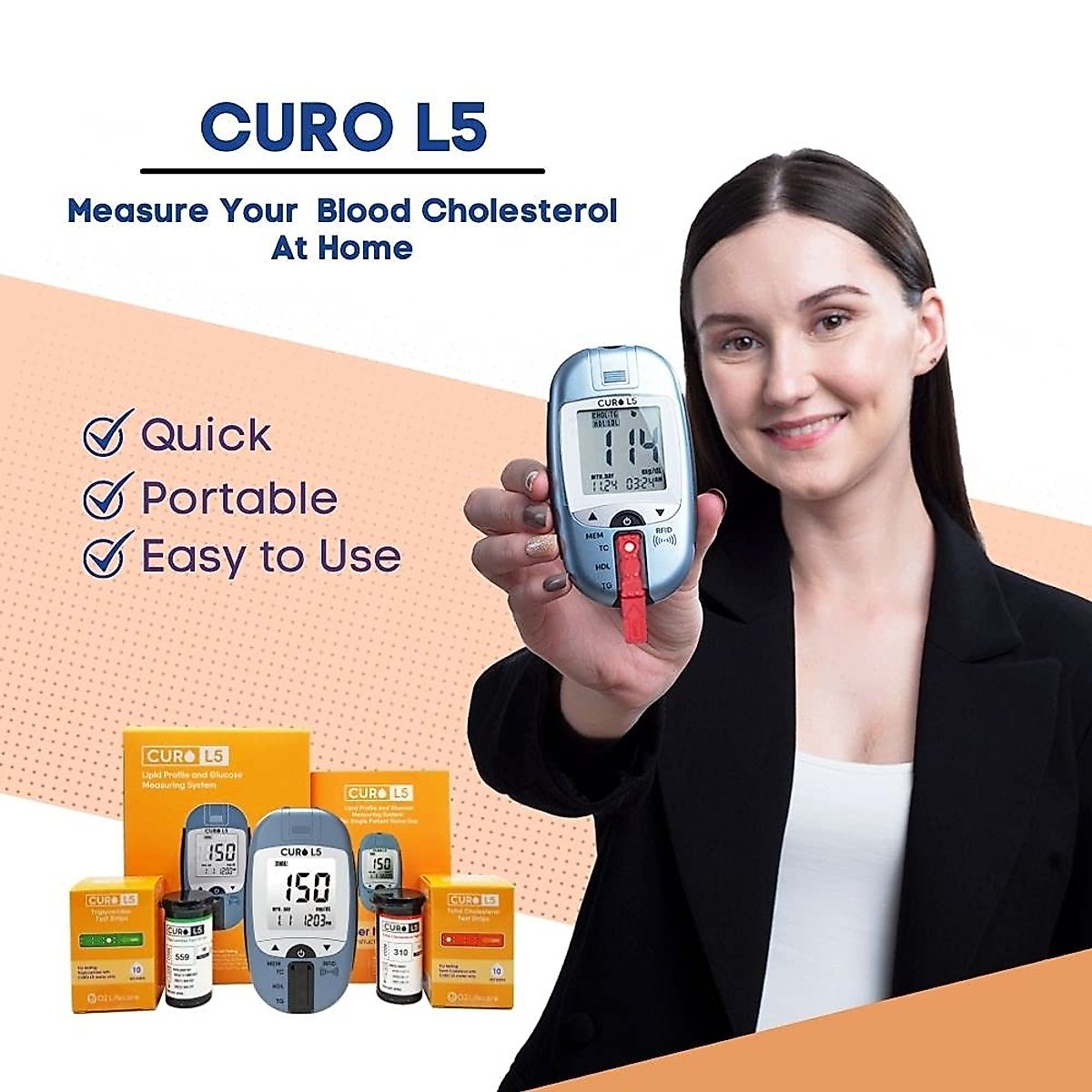 CUROfit Quick Home Blood Total Cholesterol and Triglycerides Test Kit - CURO L5 Digital Meter - Easy Use, Accurate Results, Comprehensive Health Tracking, Portable Design, and All-Inclusive Kit