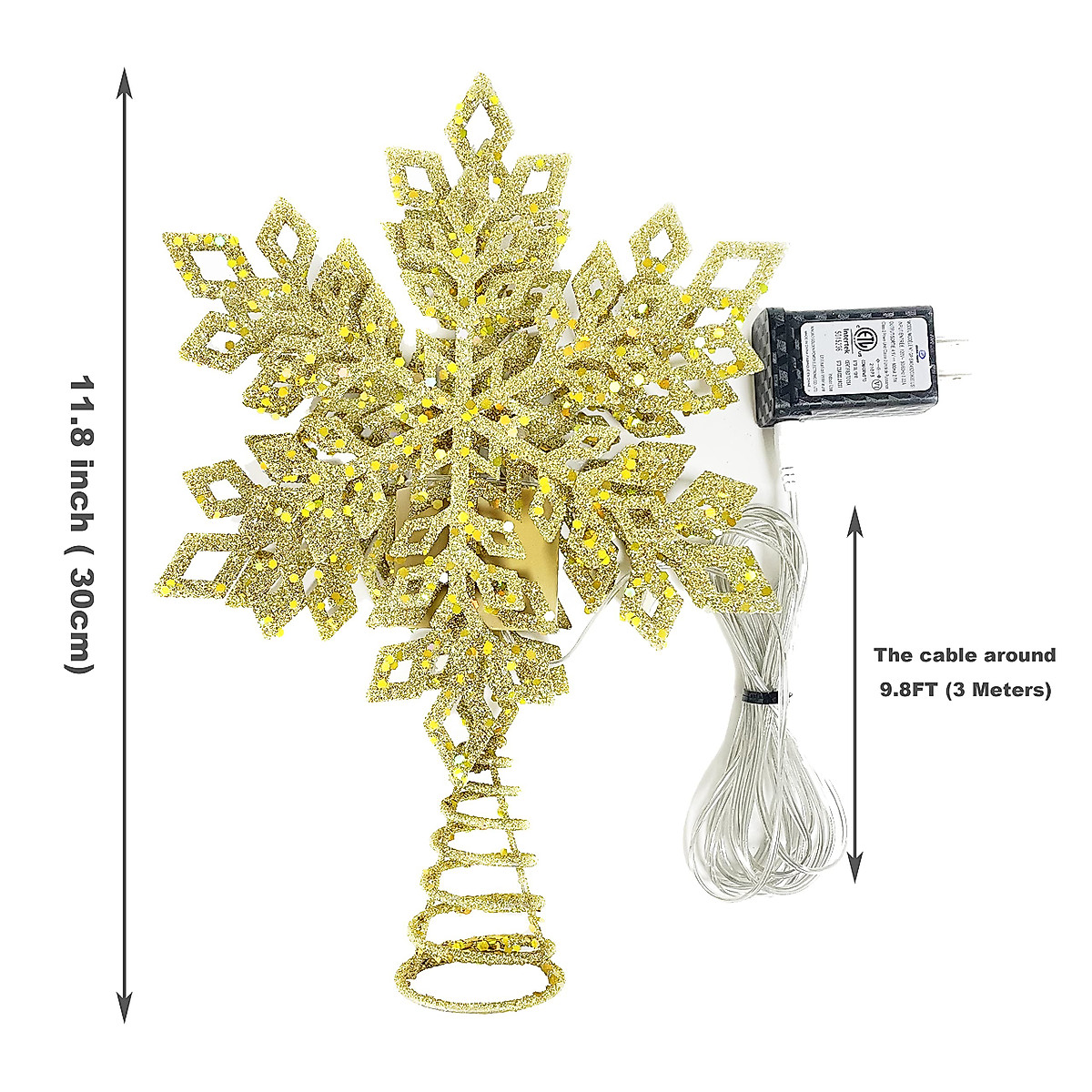 Christmas Tree Topper,Lighted Glitter Snowflake Tree Topper with Neon Lights for Christmas Tree and Holiday Seasonal Decoration(Gold)