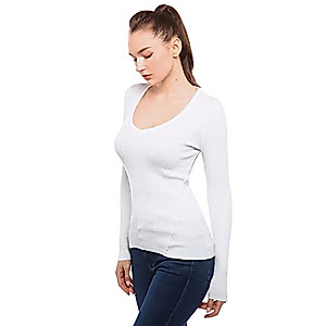 AmélieBoutik Women V Neck Long Sleeve Ribbed Pullover Knit Sweater Top (Ivory White Medium)