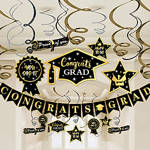 Graduation Hanging Swirl Banner Decorations Black Gold Star Banner Garland Party Supplies