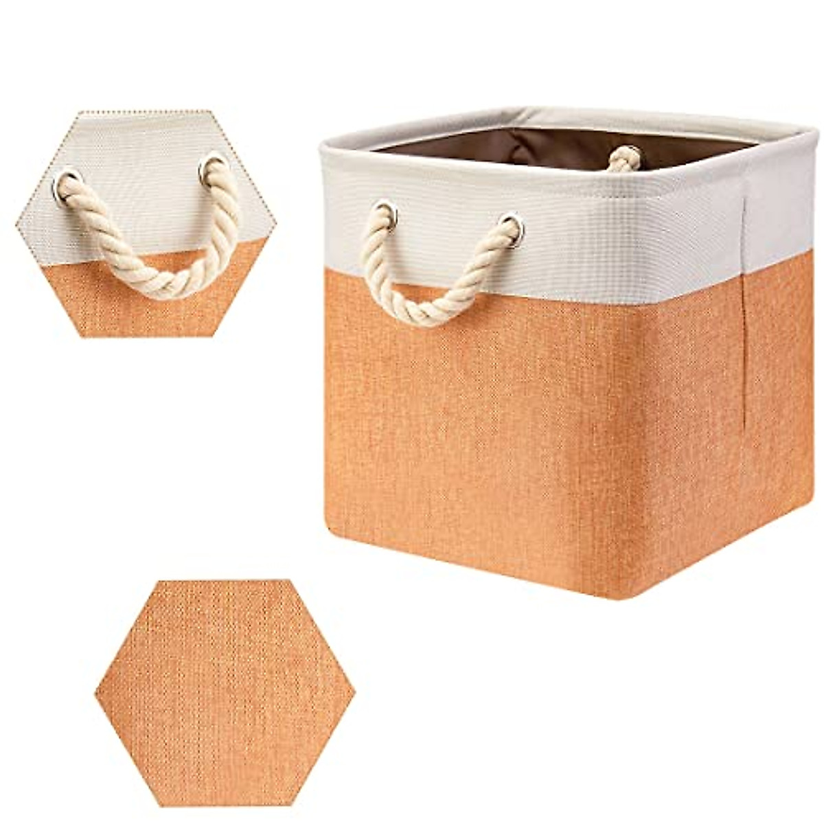 i BKGOO 3Pack Large Foldable Storage Bins，Collapsible Sturdy Cationic Fabric Organizing Storage Basket Cube with Cotton Handles for Home Office Shelf Clothes Toys Beige-Orange 13×13×13 inch