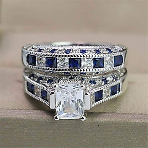 LOVERSRING 3pc Two Rings His and Hers Couple Rings Bridal Sets His Hers Women White Gold Plated Blue Sapphire Cz Man Stainless steel Wedding Ring Band Set