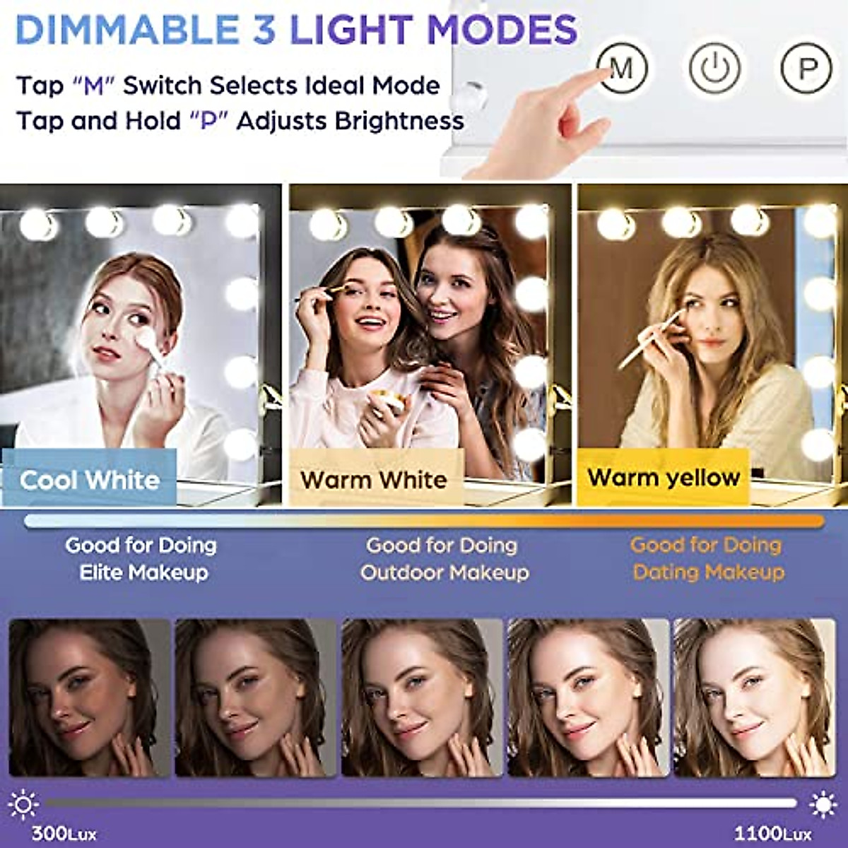 M MIVONDA Lighted Makeup Vanity Hollywood Mirror with 3 Color Lights Dimmable LED Bulbs with 10X Magnification, 2in1 Tabletop and Wall-Mounted Mirror with Plug-in and USB Charger Port