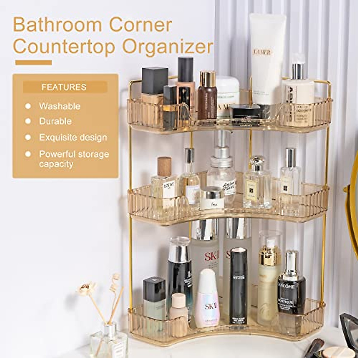 Corner Bathroom Countertop Organizer, Vanity Trays for Bathroom Counter, Makeup Organizer, Perfume Tray, Kitchen Spice Rack, Fits 90 Corner(Yellow, 3 Tiers)