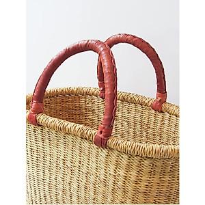 Ghana African Handmade Woven Oval Picnic Shopping Baskets (Natural with Brown Handles)