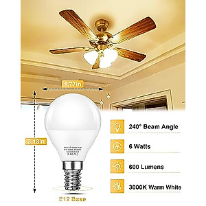 EvaStary Ceiling Fan Light Bulb E12 Candelabra Base, 3000K Warm White 60 Watt Equivalent, E12 LED Chandelier Light Bulbs, 6W 600LM Brightness G14 Mini Globe Candelabra Lighting, Non-dimmable, 6 Pack