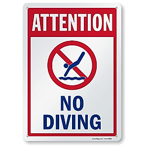 SmartSign 14 x 10 inch “Attention - No Diving” Pool Metal Sign, 40 mil Laminated Rustproof Aluminum, Red, Blue and White