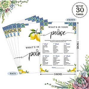 Blue Tiles and Lemons What's In Your Purse Game for 30 Guests with Game Cards, Lemons Bridal Shower Game, Modern Bridal Shower Decorations, Wedding Shower or Bachelorette Party Supplies - 02