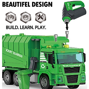 Garbage Truck Toy - 116 Pcs Friction Power Take Apart Toy STEM Toys w/Drill, Push & Go Lights & Sounds, Sanitation Trash Trucks City Vehicle Playset for Kids Toddlers Boys Ages 3 4 5 6 7 8 Years Old