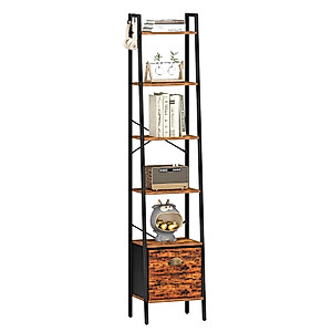 Hzuaneri Narrow Bookshelf Bookcase with Drawer, Ladder Shelf with 2 Hooks, Bookshelves Storage Organizer, Freestanding Display Standing for Home Office, Bedroom, 6 Tier Rustic Brown BC19601B