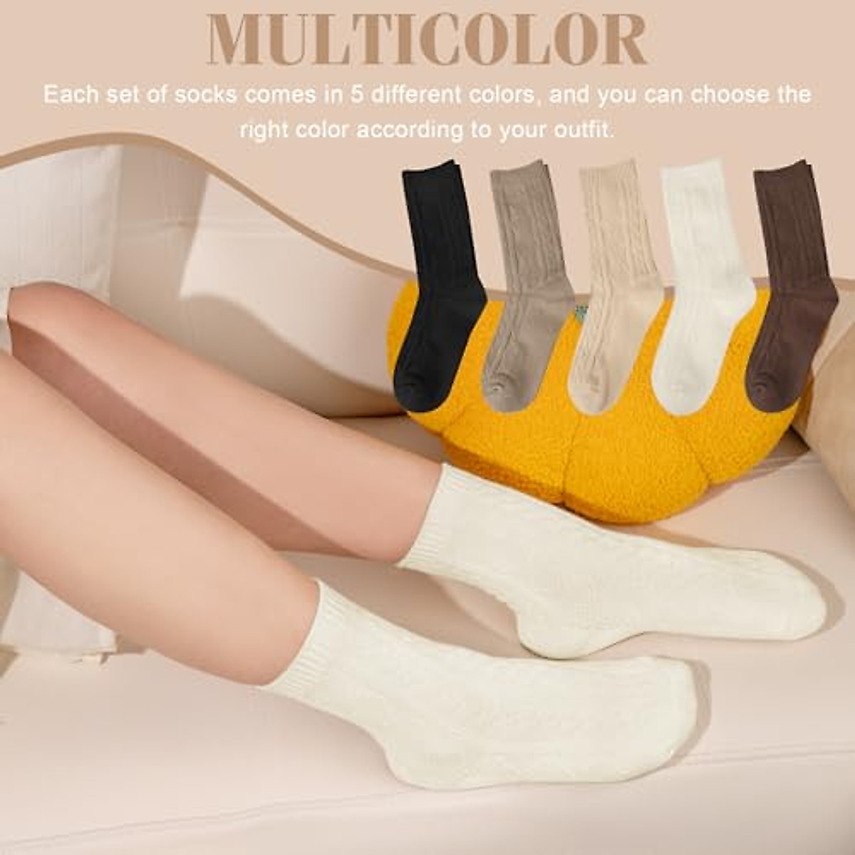 Justay 5 Pairs Womens Wool Thick Warm Winter Socks, Casual Cozy Vintage Knit Crew Socks Gift for Women