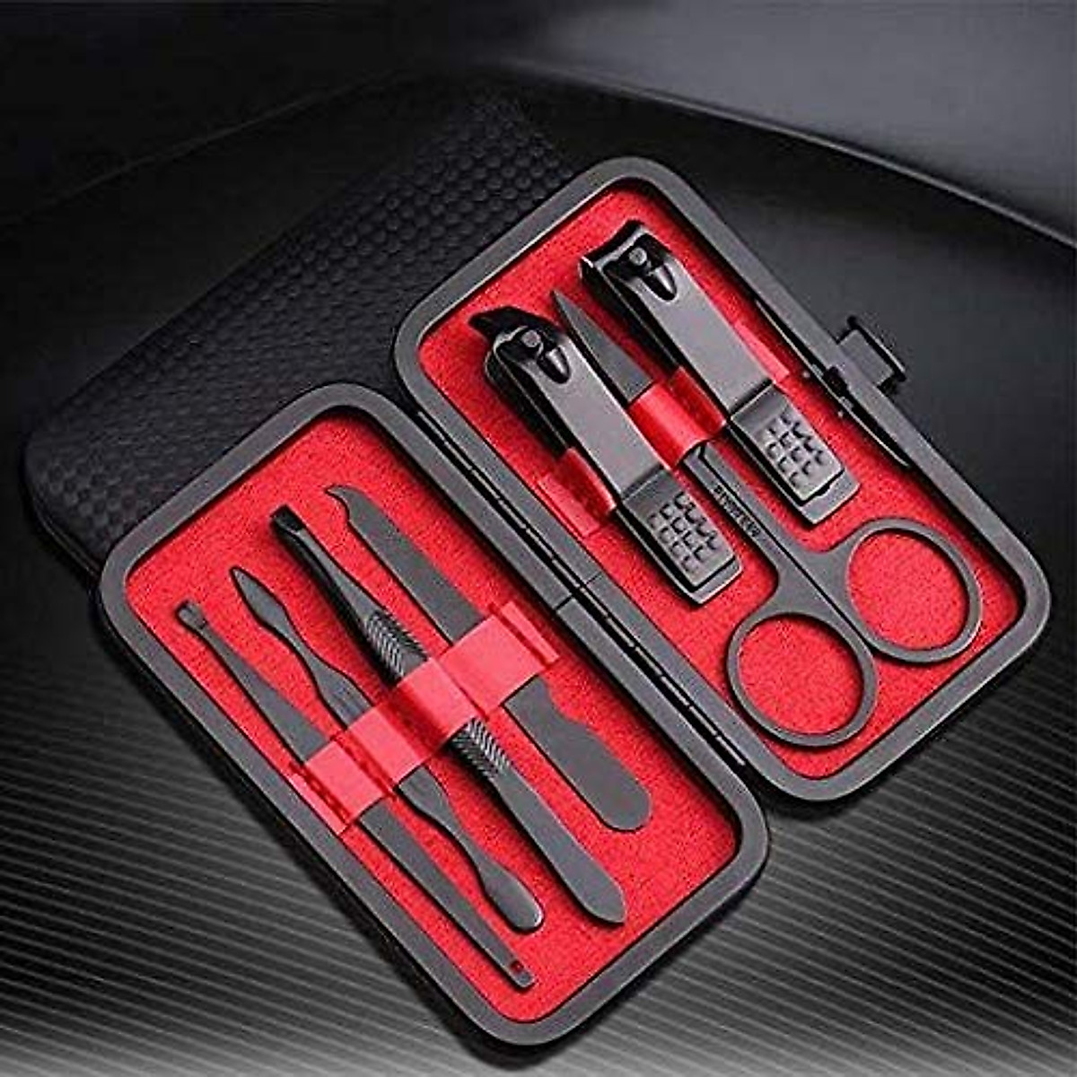 Professional Multifunction Nail Clipper Set Black Stainless Steel Leather Case