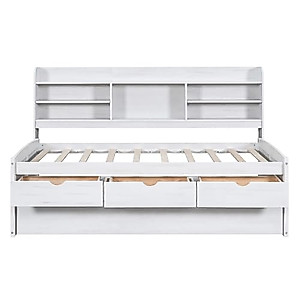 SIYSNKSI Twin Size Captain Bed with 3 Storage Drawers and Trundle, Versatility Wooden Daybed Sofa Bed with Built-in Bookshelves for Living Room Bedroom Office Guest Room, No Box Spring Needed