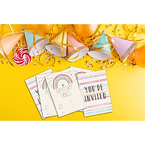 Disfuco Pink Rainbow Birthday Party Invitations - Boho Rainbow Party Supplies - Fill in The Blank Birthday Party Invites - 20 Invitation Cards With 20 Envelopes - (005A)
