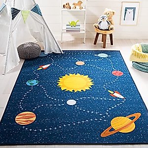 Safavieh Kids Playhouse Collection Machine Washable Slip Resistant 5'5" x 7'7" Navy/Gold KPH253N Outer Space Sun Playroom Nursery Bedroom Area Rug