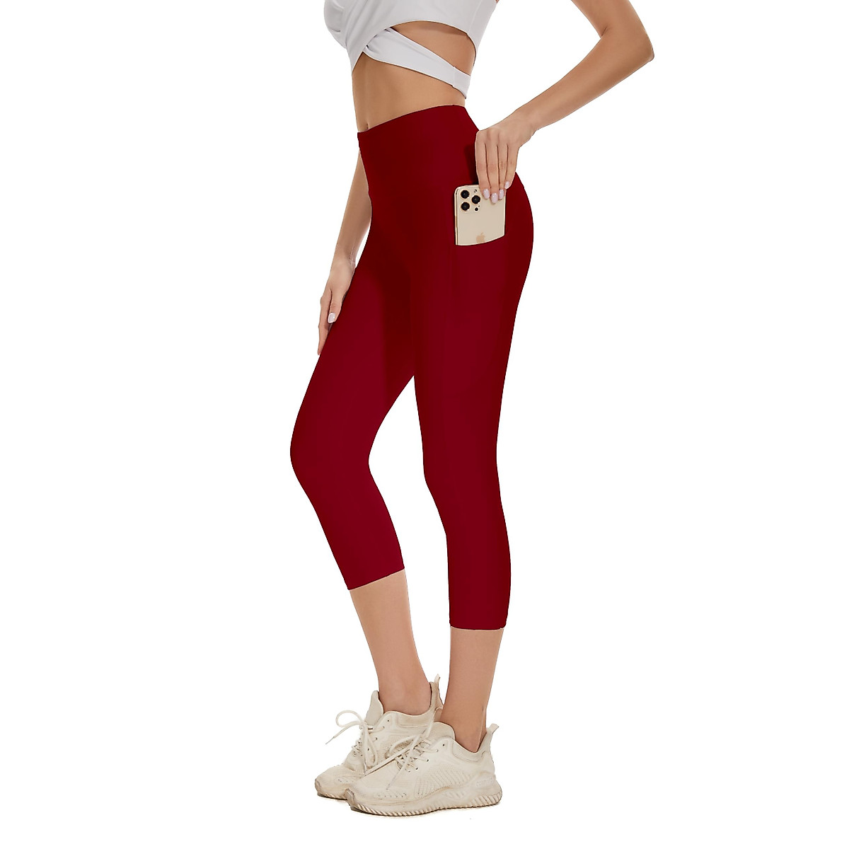 RAYPOSE Womens Workout Capri Leggings for Women with Pockets Plus Size Basic Pants Yoga Gym Casual Summer Fiery Red-M