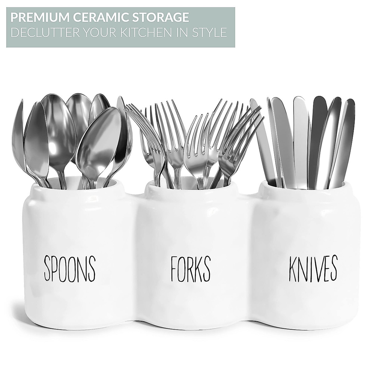 Barnyard Designs Fork Spoon Knife Flatware Holder, Countertop Silverware Organizer, Cutlery Utensil Caddy for Kitchen, Picnic or Parties, White, Set of 3, 12.5” x 4.25” x 5”