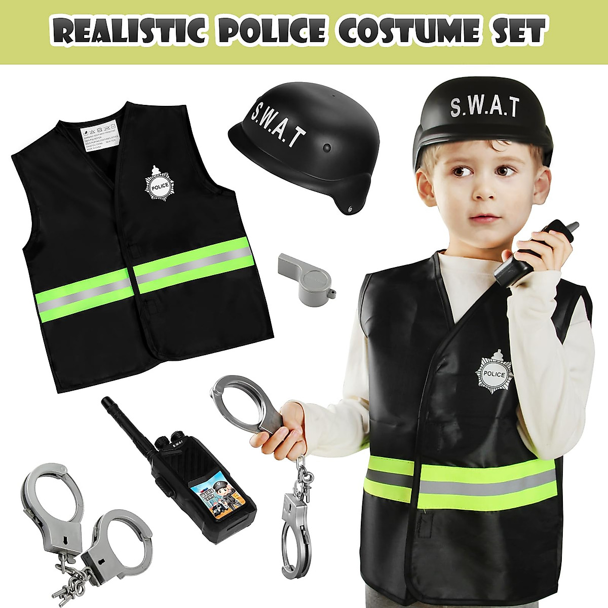 Cocojeci Boys Dress up Trunk Costumes Set,15pcs Pretend Role Play Set Fireman, Police, Construction Worker Costume with Accessories for Kids Ages 3-7