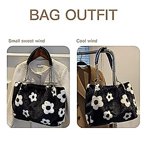 Women Girls Furry Shoulder Bag Fluffy Tote Bag Cute flowers Furry Underarm Bag