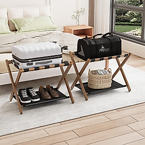 Smuxee Walnut Bamboo Luggage Rack Pack of 2, Foldable Suitcase Stand with Storage Shelf, Easily Assembled Luggage Stand with 5 Nylon-Straps for Guest Room Hotel Bedroom