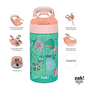 Zak Designs 16oz Riverside Kids Water Bottle with Spout Cover and Built-in Carrying Loop, Made of Durable Plastic, Leak-Proof Design for Travel (Unicorn & Shells, Pack of 2)