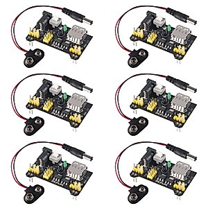 AITIAO 6Pcs MB102 3.3V/5V Breadboard Power Supply Module with 6Pcs 9V Battery Clip Buckle T-Type Power Cable Male 2.1MM DC Jack Plug