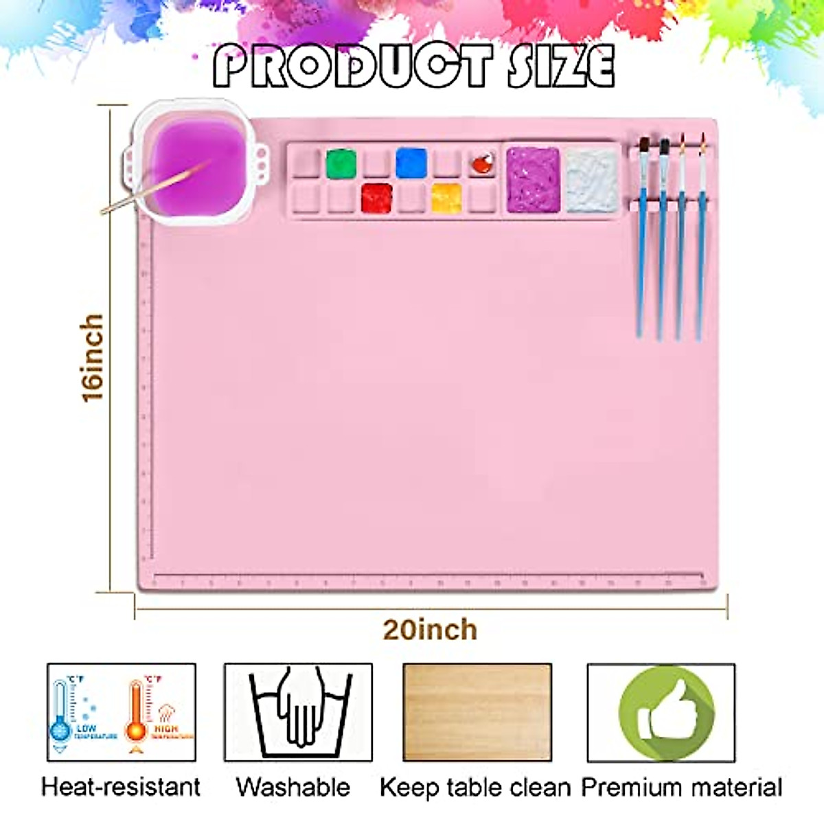Silicone Craft Mat, 20"x 16" Nonstick Silicone Painting Mat Large Silicone Art Mat with Cleaning Cup and Paint Holder, Multipurpose Silicone Craft Sheet for Painting Clay Resin Casting
