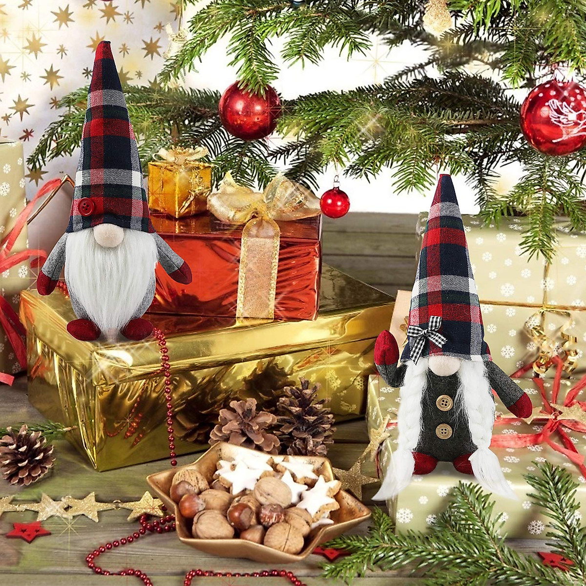 Christmas Gnomes Decorations - Mr and Mrs Buffalo Plaid Xmas Gnome Plush, Handmake Scandinavian Tomte for Christmas Home Table Tiered Tray Decor Gifts - Farmhouse Decor