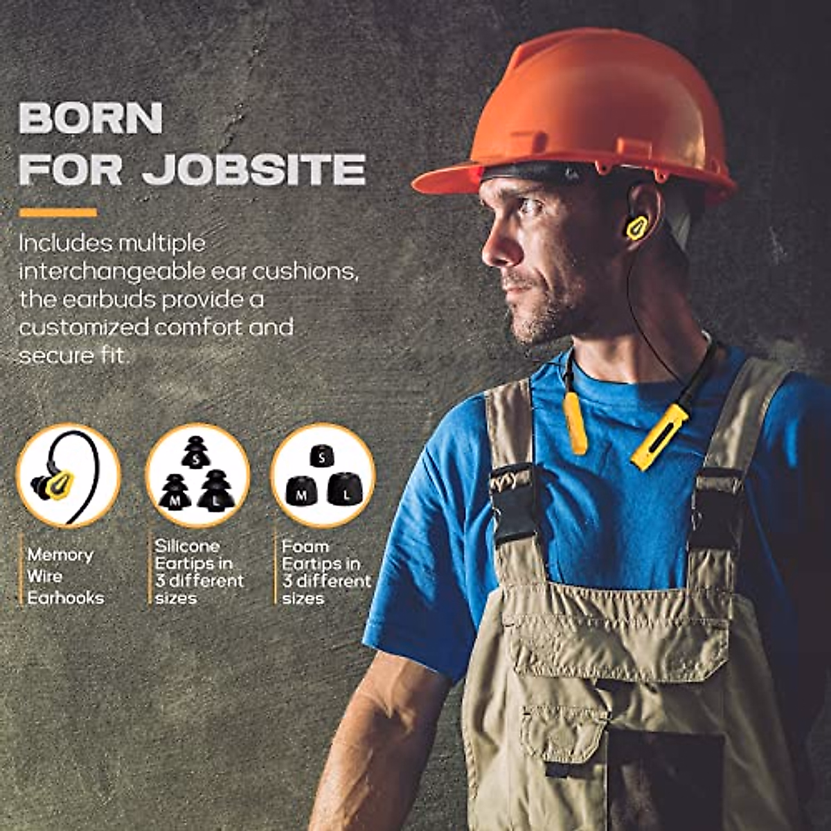 Bluetooth earplug headphones, Neckband Work Bluetooth Earbuds Ear plugs, 30db Noise Reduction Ear Protection Headphones, Custom-fit work earbuds, IPX5 sweatproof, 50+Hour Playtime for work safety