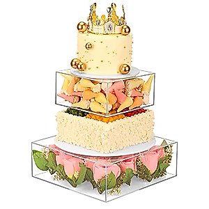 Nynelly Acrylic Cake Stand with Lid, Square Cake Riser Clear Cake Box Stand, Fillable Cube Pedestal Stands for Parties, Decorative Centerpiece for Wedding Birthday Party (2pcs, 8" Dx4”H; 12" Dx4”H)
