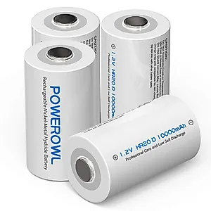 POWEROWL Rechargeable D Batteries 10000mah Low Self Discharge, NiMH, Pre-Charged, 4 Count (Recharge Universal)