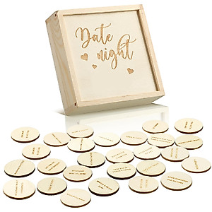 Amyhill 25 Pieces Wooden Date Box with 25 Tokens Date Fun Gift Date Indoor and Outdoor Games Couples Games Gift for Couples Activities, Wedding Anniversary, Valentine's Day (Round)