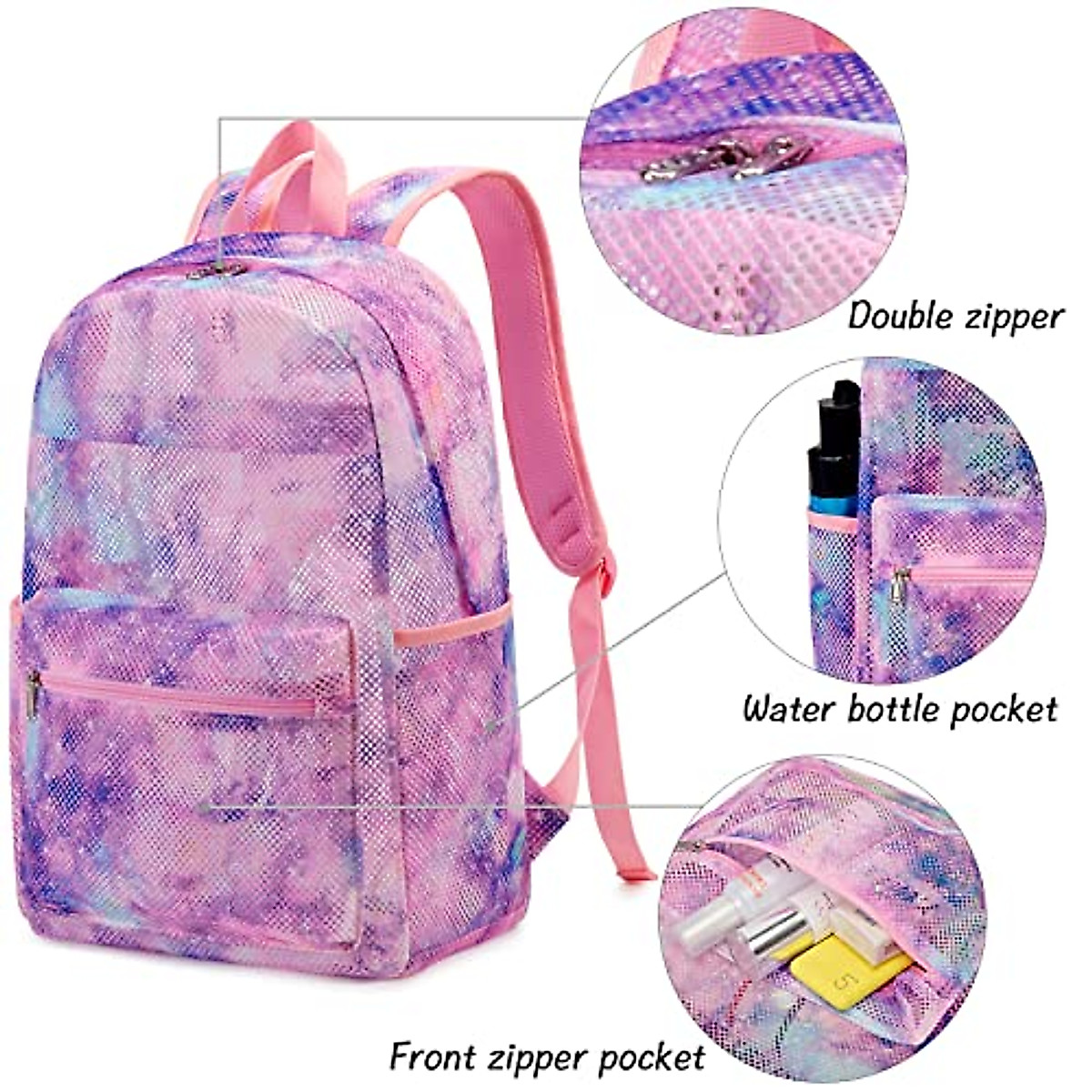 CAMTOP Mesh Backpack for Kids Girls Semi-Transparent See Through Sturdy School Bookbag Casual Daypack for Beach Swim Work Gym (Tie Dye Pink)