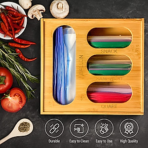 Zippy Bamboo Ziplock Bag Organizer for Drawer – 4 Labeled Compartment Bamboo Kitchen Food Storage Plastic Bag Organizer Holders, Gallon Quart Snack Sandwich and Slider Storage Bag Organizer