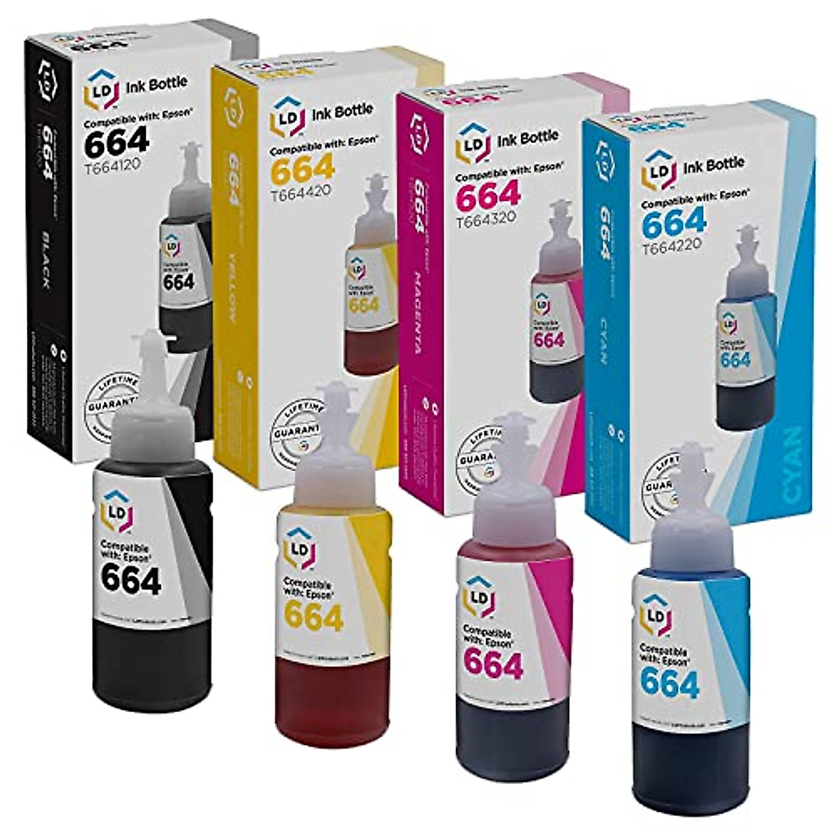 LD Products Compatible Ink Bottle Replacements for Epson 664 (1 Black, 1 Cyan, 1 Magenta, 1 Yellow, 4-Pack)
