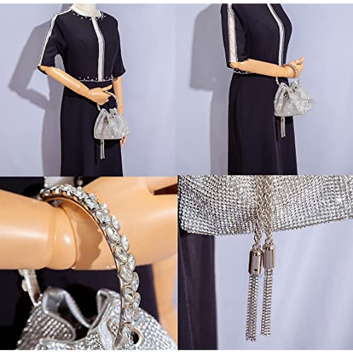 YABINA Fashion Women Luxury Crystal Evening Clutch Bag for Prom Cocktail Party Wedding Engagement Crossbody Chain Bag (A-Sliver)