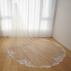 Vintage Floral Wedding Veil, One Layer Cathedral Bridal Veil, Lace Appliqued Soft Tulle Long Veil, Dramatic Bridal Accessory (118inches, Offwhite)