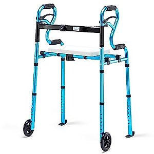 4 in 1 Folding Walker with Detachable Seat by Health Line Massage Products, Width Adjustable Folding Walkers with 5” Wheels and Extra 2 Skis, Compact Adults Walker for Seniors Support Up to 350lbs