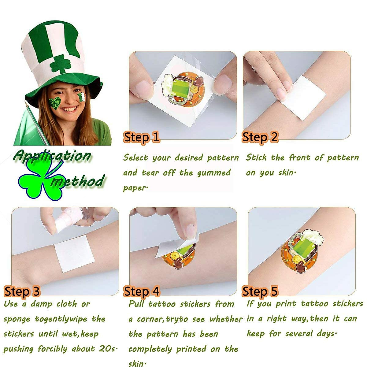 St. Patrick's Day Shamrock Temporary Tattoos, Waterproof Body Face Stickers Party Favors 144 PCS