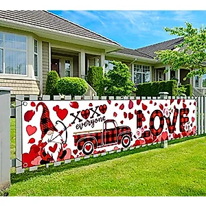 Valentine's Day Banner Yard Sign Red Buffalo Plaid Gnome Large Yard Sign Banner with XOXO Everyone Rose Heart for Valentine’s Day Outdoor and Indoor Decoration