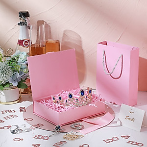 Zonon Gift Box with Lid and Ribbon 9 x 7 x 3'' Luxury Packaging Box Greeting Card and Tissue Paper for Wedding Birthday Graduation Fathers Day Gift Packaging (Pink)