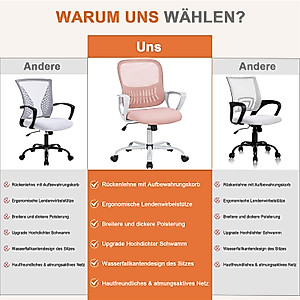 Sweetcrispy Office Computer Desk Chair, Ergonomic Mid-Back Mesh Rolling Work Swivel Task Chairs with Wheels, Comfortable Lumbar Support, Comfy Arms for Home, Bedroom, Study, Student, Pink