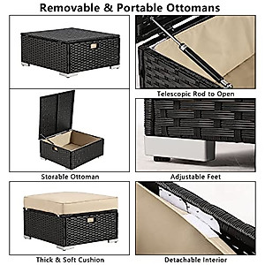 MAGIC UNION Outdoor Furniture Wicker Loveseat Sofa Set with Retractable Canopy, Rattan Patio Seating Chairs Poolside Sunbed with Ottomans, Khaki Cushions for Backyard