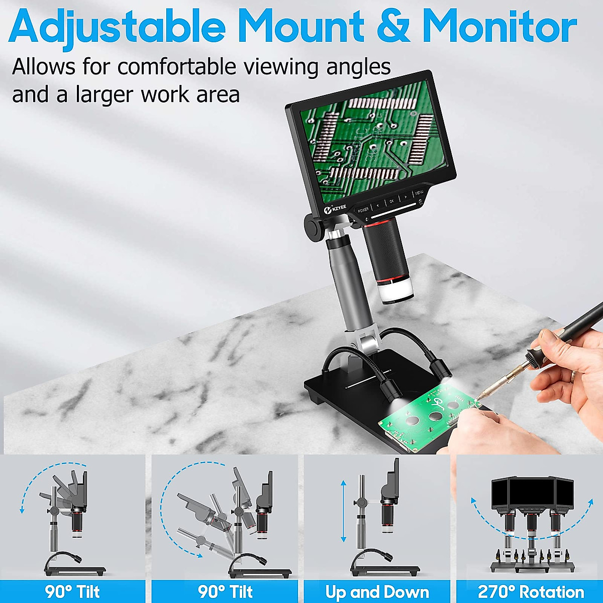KZYEE 7 inch Digital Microscope Shows Entire Coin, Extension Tube, IPS Screen, 1080P Coin Magnifier with 8 LED Lights, 1200x Soldering Microscope Portable for Adult Kids, IR Remote, Specimens