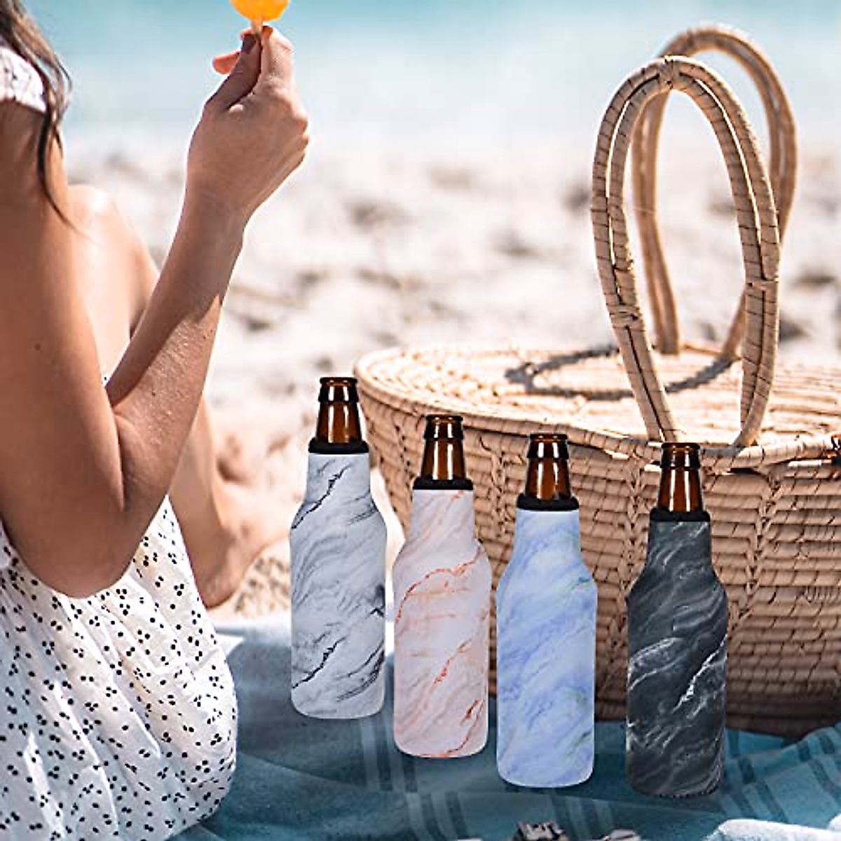 Cosmos 4 Pcs Beer Bottle Sleeves Neoprene Insulator Sleeves Bottle Jackets Sleeves Beverage Bottle Cooler with Built in Bottle Opener (Marble Pattern (4 Pcs))